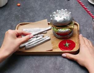 Frankenfood | Silver Burger, Wooden Fries and Slime Cocktail || ASMR